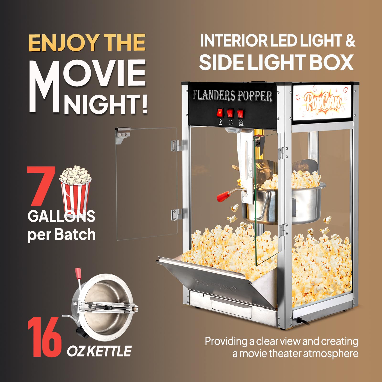 ROVSUN Commercial Popcorn Machine Movie Theater Style with 16 Ounce Kettle, Countertop Popcorn Maker Machine w/Stainless Steel Scoop, Oil Spoon & 3 Popcorn Cups (Black)