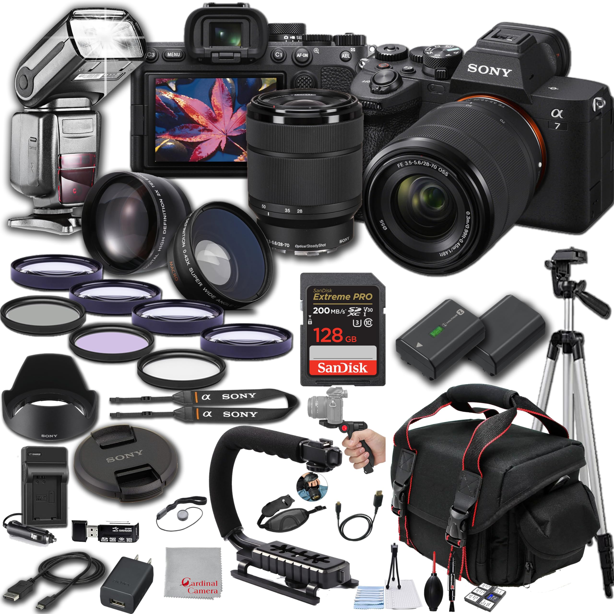 Sony A7 IV Mirrorless Digital Camera 24MP w/ 28-70mM Lens, 128GB Extreme Memory, TTL Pro Flash, Filters, Lenses, Case Tripod, Grip, and More β Pro Photo Bundle (40pc Bundle)