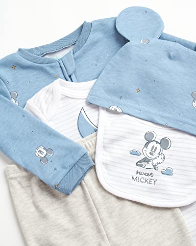 Disney Newborn Baby Boys Girls 7 Piece Layette Gift Set: Mickey Mouse, Winnie the Pooh & Minnie Mouse, 0-6M, Size 0-3M, Mickey Blue/Heather Grey