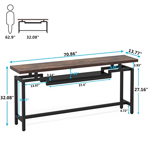 Tribesigns 70 inch Sofa Table, Narrow Long Console Table with 2 Tiers, Industiral TV Console Behind Couch Table with Storage for Entryway, Living Room, Brown & Black