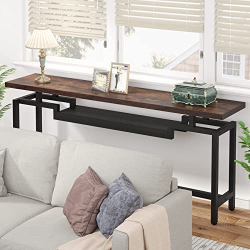 Tribesigns 70 inch Sofa Table, Narrow Long Console Table with 2 Tiers, Industiral TV Console Behind Couch Table with Storage for Entryway, Living Room, Brown & Black