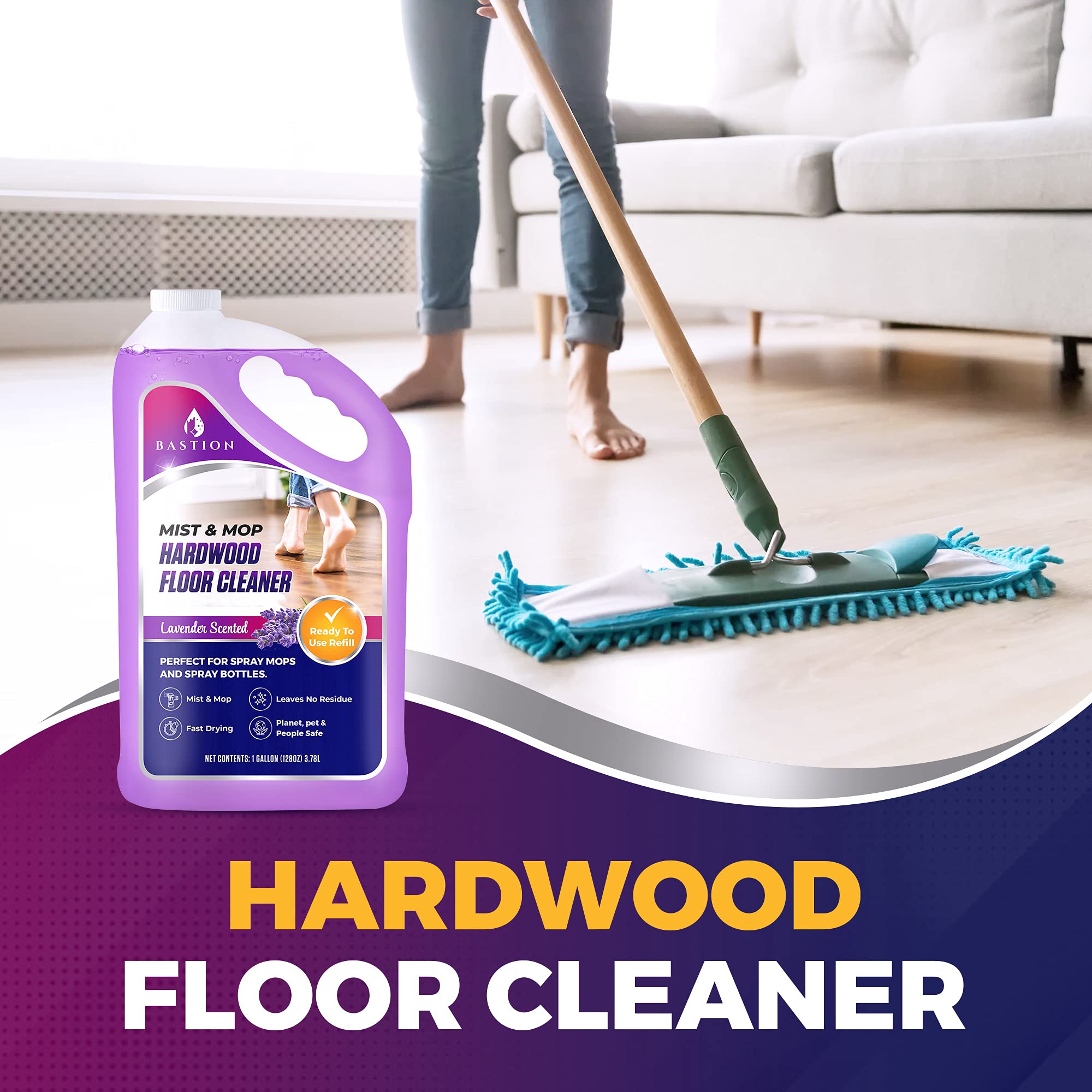 Hardwood Floor Cleaner - Ready-To-Use Solution - Multi-use - Water Based Liquid, Safe, Gentle, & Natural - For All Wood & Laminate Flooring - Lavender Scent