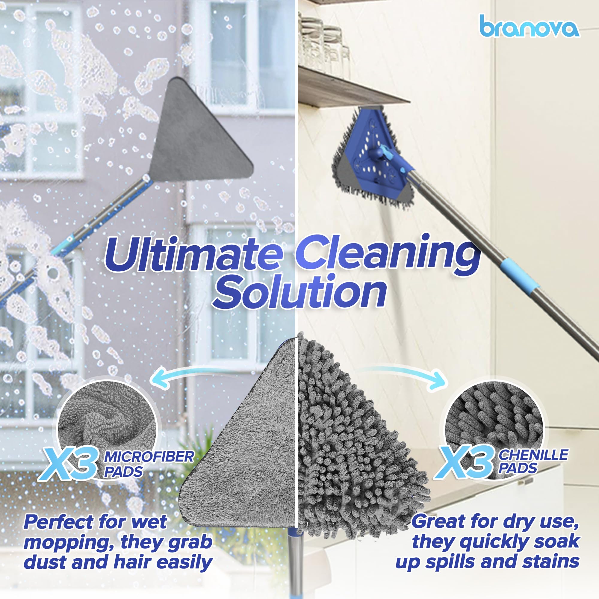 Branova 85" Extendable Wall Cleaner Mop - 360° Rotatable Ceiling Cleaner, Baseboard Cleaner Tool with Handle, Wall Mop with 6 Reusable Mop Pads & Mop Holder - Triangle Mop for Walls and Floors