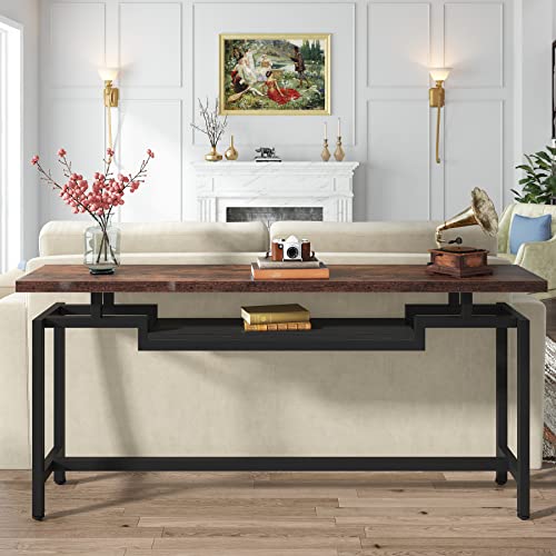 Tribesigns 70 inch Sofa Table, Narrow Long Console Table with 2 Tiers, Industiral TV Console Behind Couch Table with Storage for Entryway, Living Room, Brown & Black