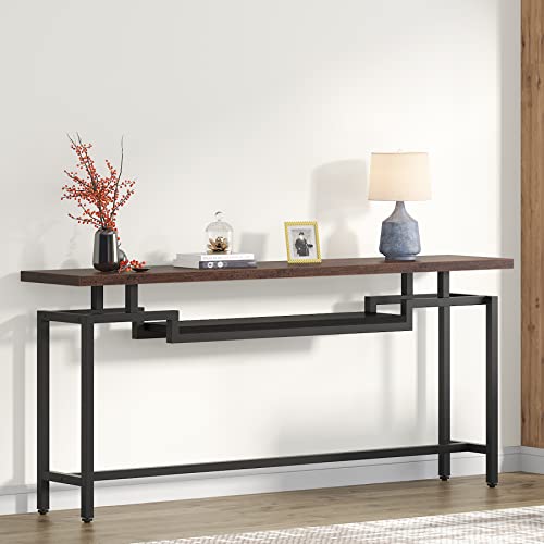 Tribesigns 70 inch Sofa Table, Narrow Long Console Table with 2 Tiers, Industiral TV Console Behind Couch Table with Storage for Entryway, Living Room, Brown & Black