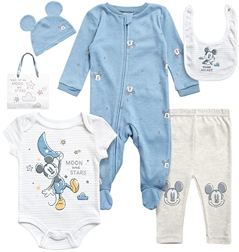 Disney Newborn Baby Boys Girls 7 Piece Layette Gift Set: Mickey Mouse, Winnie the Pooh & Minnie Mouse, 0-6M, Size 0-3M, Mickey Blue/Heather Grey