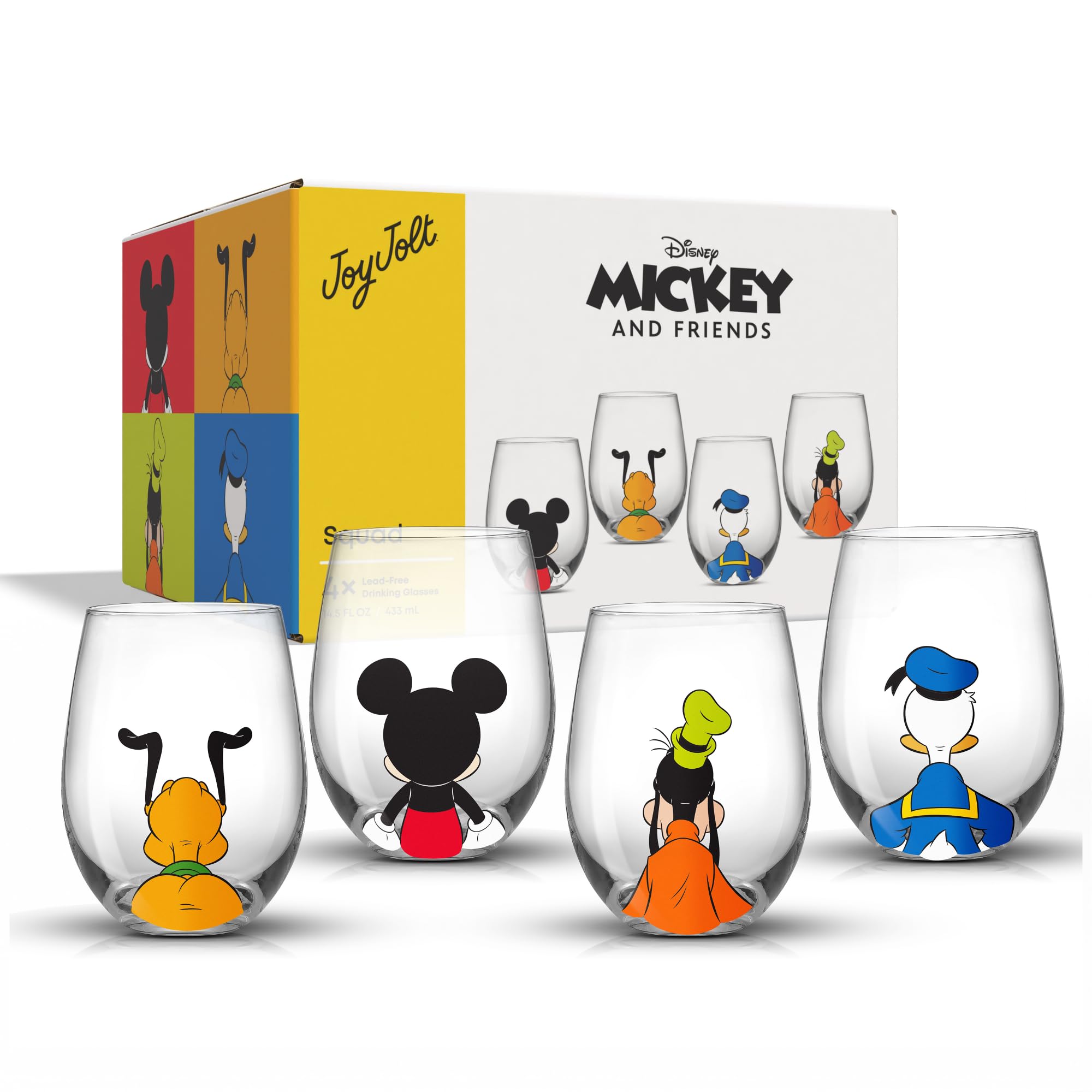 JoyJolt Disney Mickey Mouse Squad Collection Tumblers. 15oz Stemless Wine Glasses Set of 4 Stemless Drinking Glasses. Disney Gifts Stuff, Disney Wine Glass Mickey Mouse Cup Set