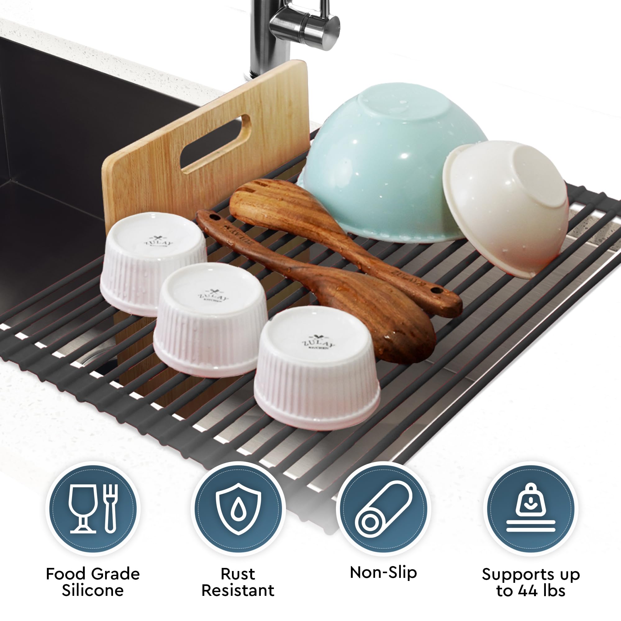 Zulay Kitchen Extra Large Roll Up Dish Drying Rack- Heavy Duty Silicone Wrapped Steel Rods Over Sink Dish Drying Rack - Versatile Roll Up Sink Drying Rack & Trivet (Gray),20.5 inches x 13 inches