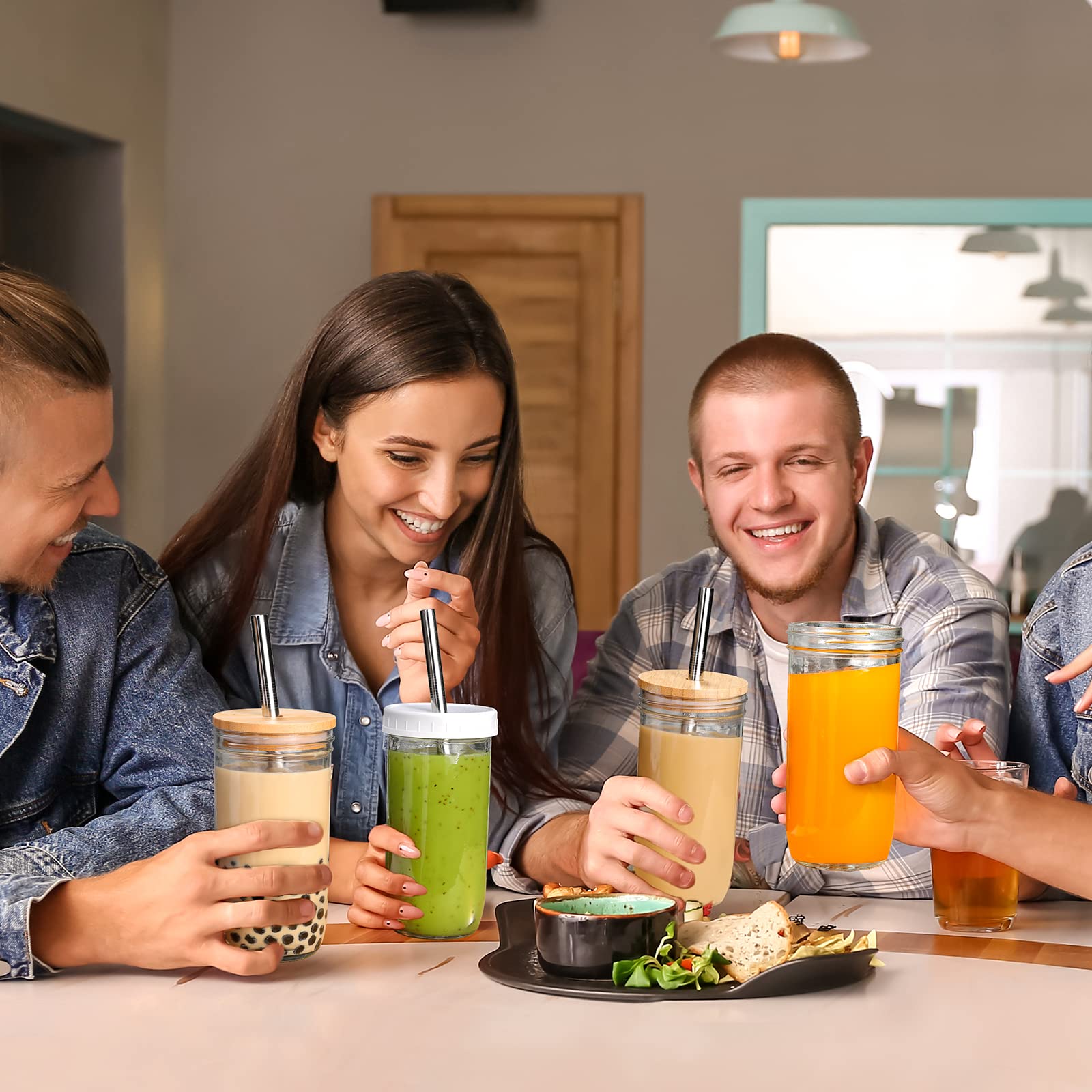 [ 4 Pack ] Glass Cups Set - 24oz Mason Jar Drinking Glasses w Bamboo Lids & Straws & 2 Airtight Lids - Cute Reusable Boba Bottle, Iced Coffee Glasses, Travel Tumbler for Bubble Tea, smoothie, Juice