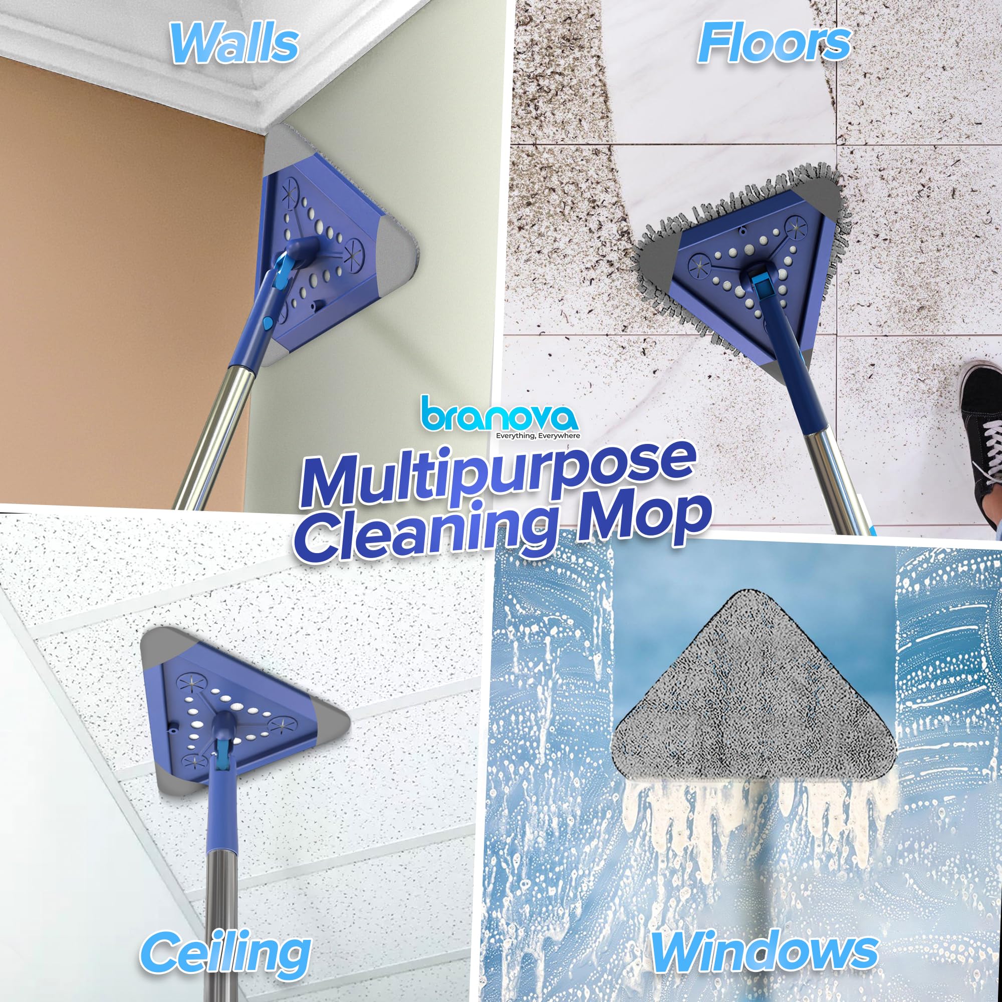 Branova 85" Extendable Wall Cleaner Mop - 360° Rotatable Ceiling Cleaner, Baseboard Cleaner Tool with Handle, Wall Mop with 6 Reusable Mop Pads & Mop Holder - Triangle Mop for Walls and Floors