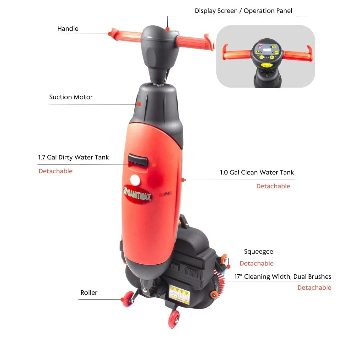 SANITMAX SM430 17" Commercial Floor Scrubber Machine, Rotary Double Brushes, 10000 sqft/h, Cordless Rechargeable Lithium Battery