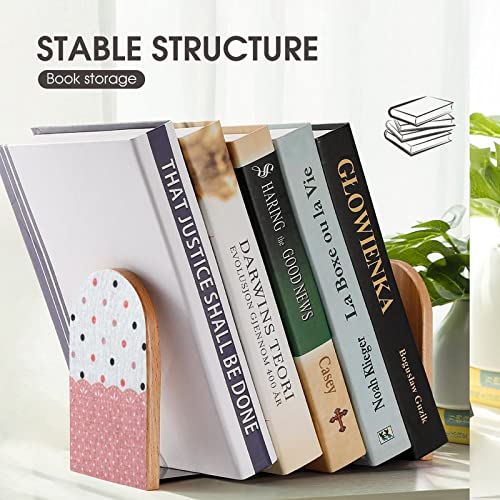 2 Pack Wood Bookends,Polka Dots On Pink and Gray Decorative Book Ends Support for Shelves Desktop Organizer Wooden Bookshelf for Home School Office