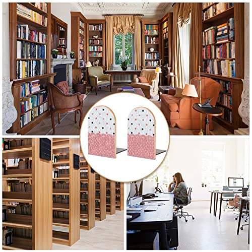 2 Pack Wood Bookends,Polka Dots On Pink and Gray Decorative Book Ends Support for Shelves Desktop Organizer Wooden Bookshelf for Home School Office