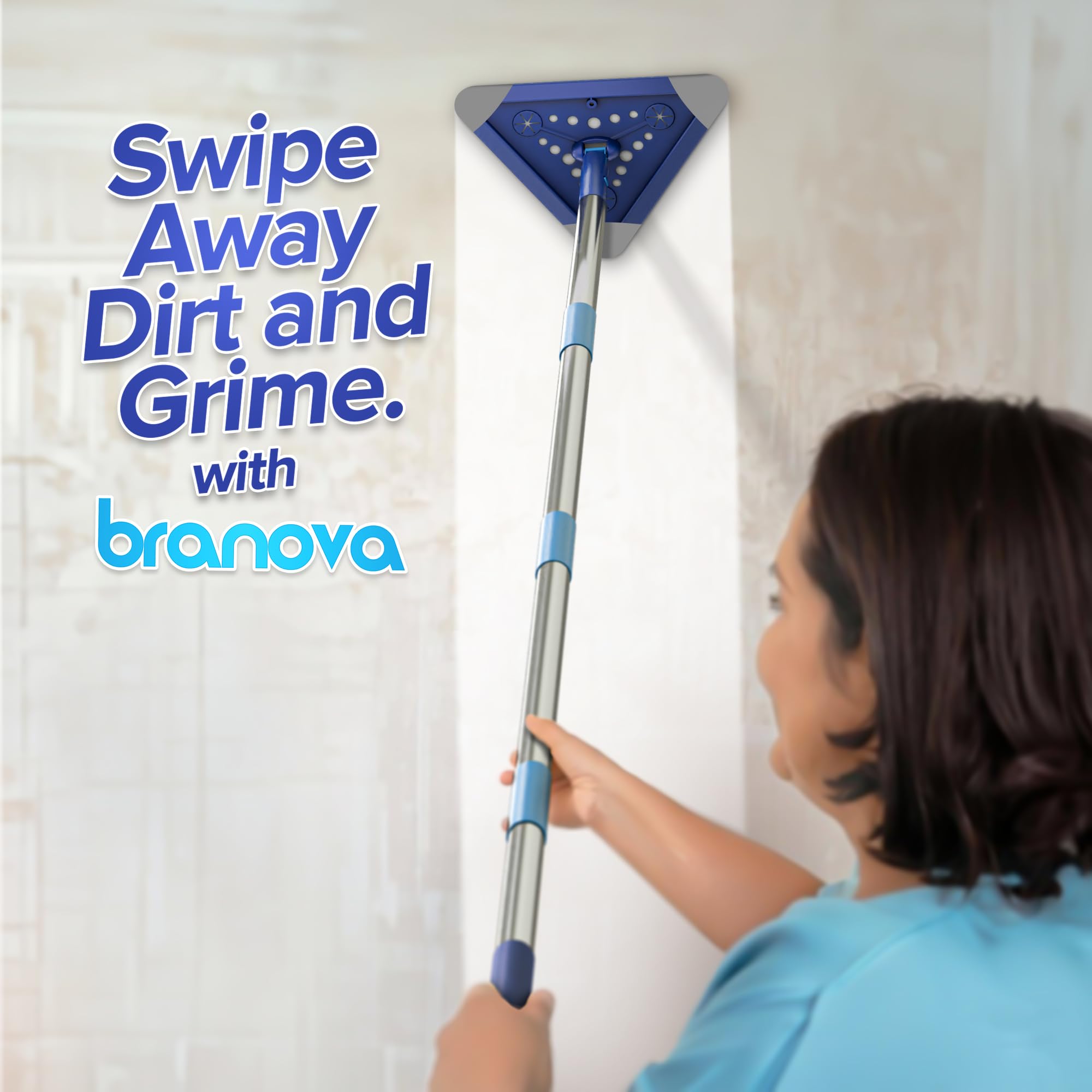Branova 85" Extendable Wall Cleaner Mop - 360° Rotatable Ceiling Cleaner, Baseboard Cleaner Tool with Handle, Wall Mop with 6 Reusable Mop Pads & Mop Holder - Triangle Mop for Walls and Floors