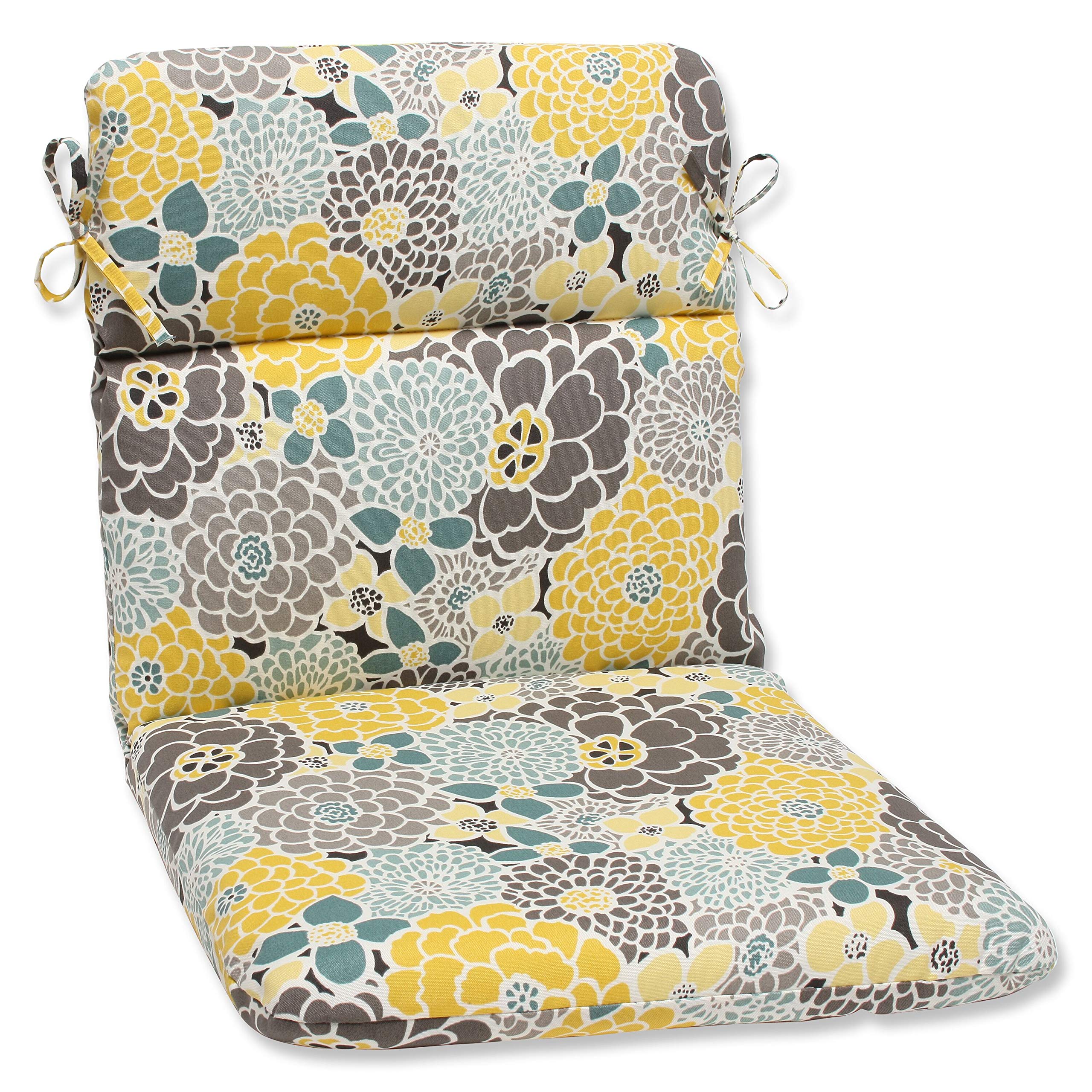 Pillow Perfect Bright Floral Indoor/Outdoor 1 Piece Split Back Round Corner Chair Seat Cushion with Ties, Deep Seat, Weather, and Fade Resistant, 40.5" x 21", Blue/Tan Lois, 1 Count