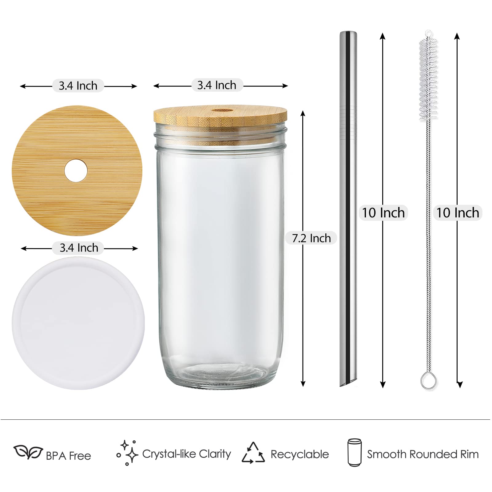 [ 4 Pack ] Glass Cups Set - 24oz Mason Jar Drinking Glasses w Bamboo Lids & Straws & 2 Airtight Lids - Cute Reusable Boba Bottle, Iced Coffee Glasses, Travel Tumbler for Bubble Tea, smoothie, Juice
