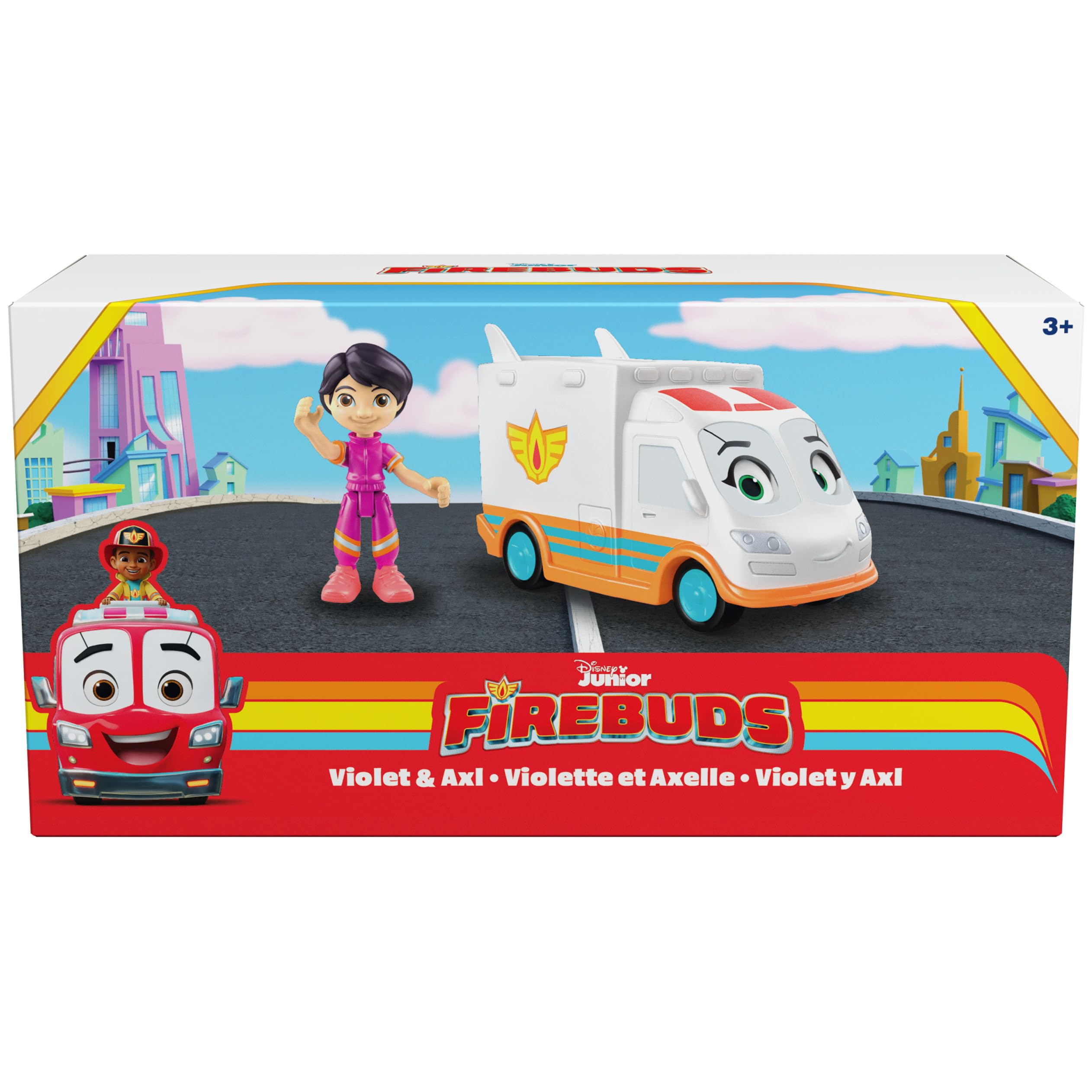 Disney Junior Firebuds, Violet and Axl, Action Figure and Ambulance Toy with Interactive Eye Movement, Kids Toys for Boys and Girls Ages 3 and up