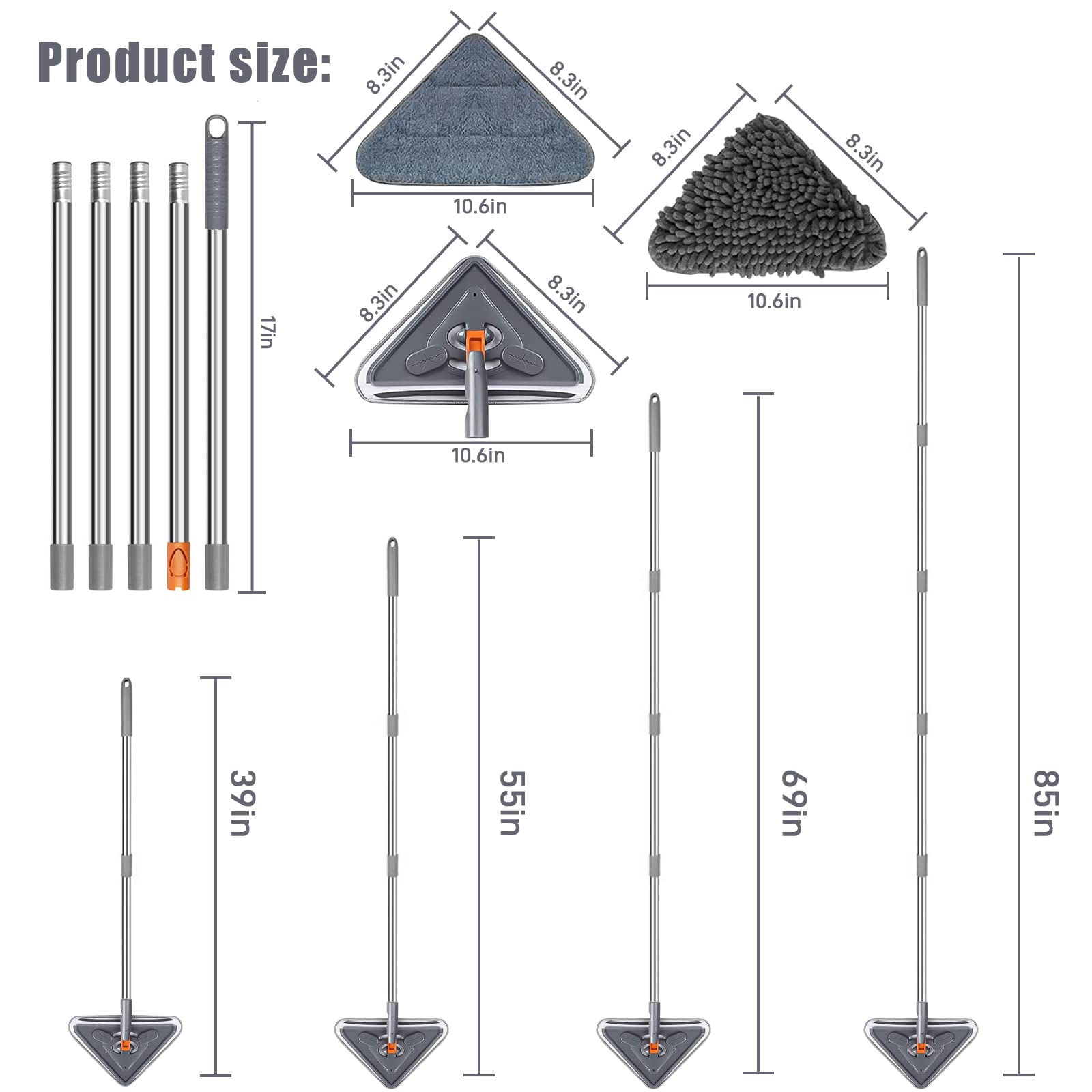 85 Inch Wall Cleaner Mop with Long Handle,Baseboard Cleaner Tool 360° Rotatable with Extension Pole 39" to 85",6 Replacement Microfiber Mop Pads,Wall Mop for Wall Washer Cleaning Ceiling Window Floor