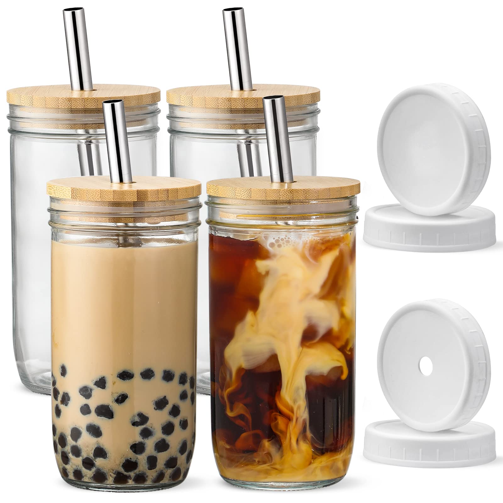[ 4 Pack ] Glass Cups Set - 24oz Mason Jar Drinking Glasses w Bamboo Lids & Straws & 2 Airtight Lids - Cute Reusable Boba Bottle, Iced Coffee Glasses, Travel Tumbler for Bubble Tea, smoothie, Juice