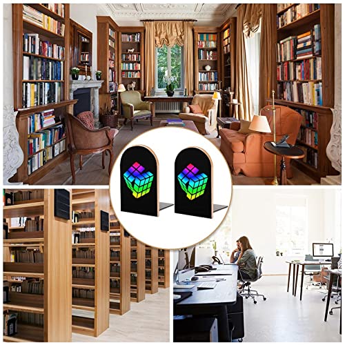 Magic Tie Dye Cube Logo Wood Book Ends for Shelves Non-Skid Bookend Book Stand Book Holder Stopper for Home Office School