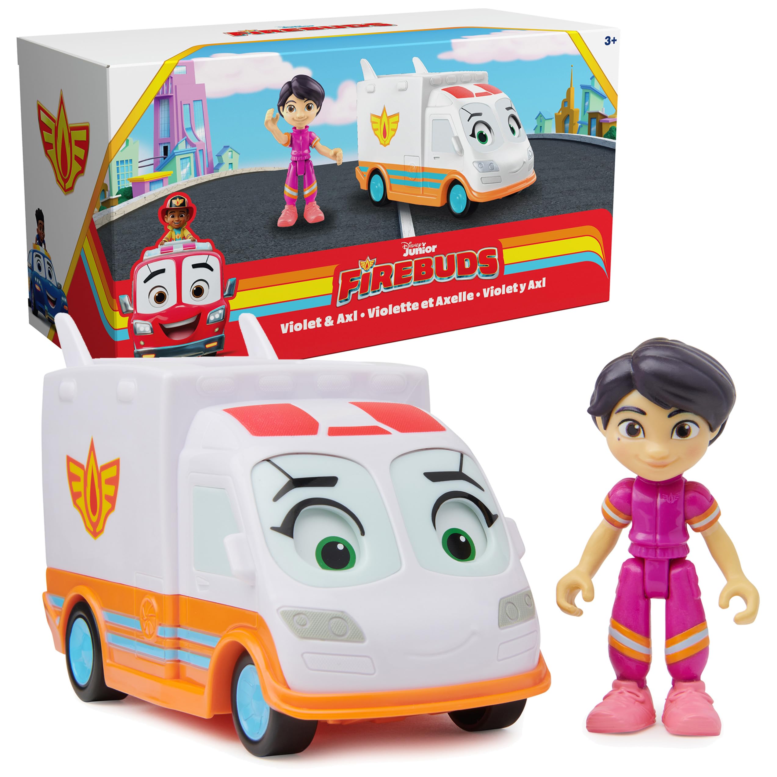 Disney Junior Firebuds, Violet and Axl, Action Figure and Ambulance Toy with Interactive Eye Movement, Kids Toys for Boys and Girls Ages 3 and up