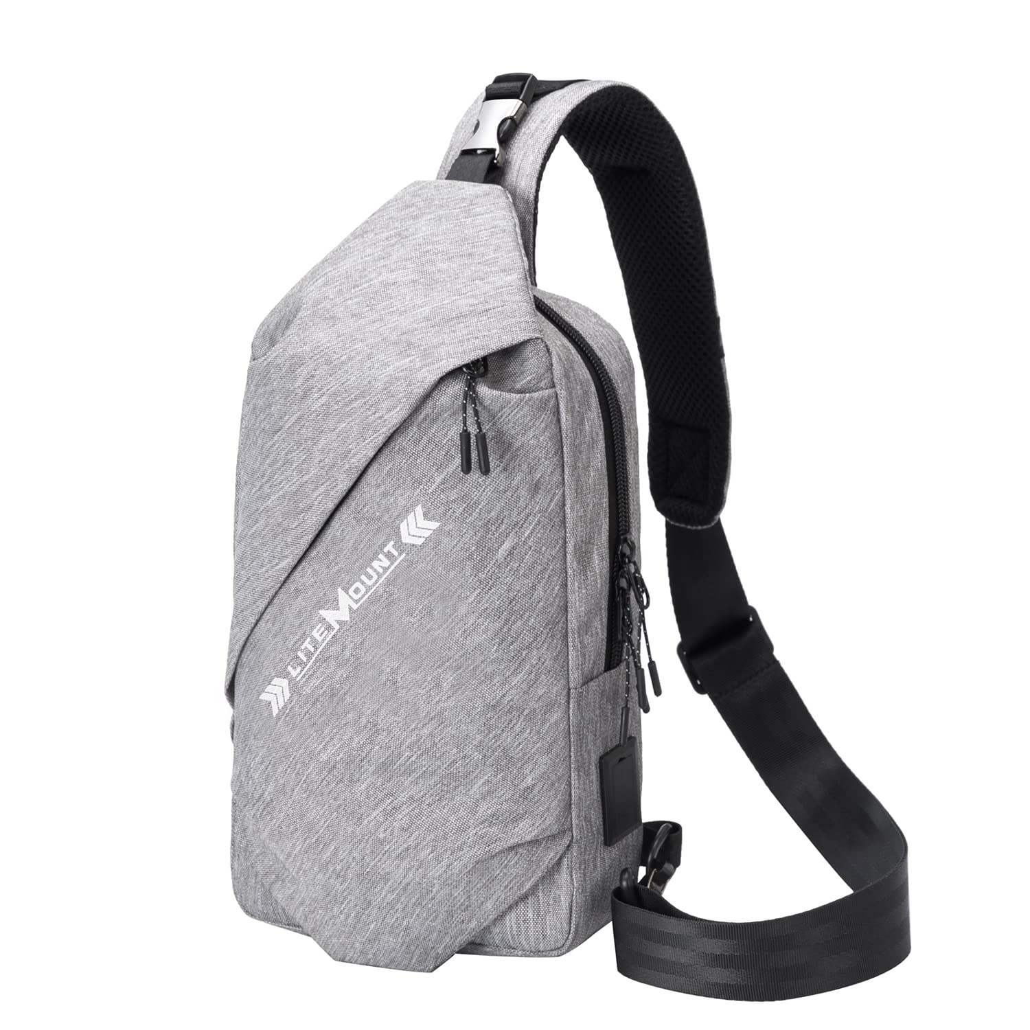 LITEMOUNT Lightweight Outdoor Crossbody Sling Backpack, Shoulder Sling Bag, Chest Backpack with USB Charging & Audio Ports (Grey)