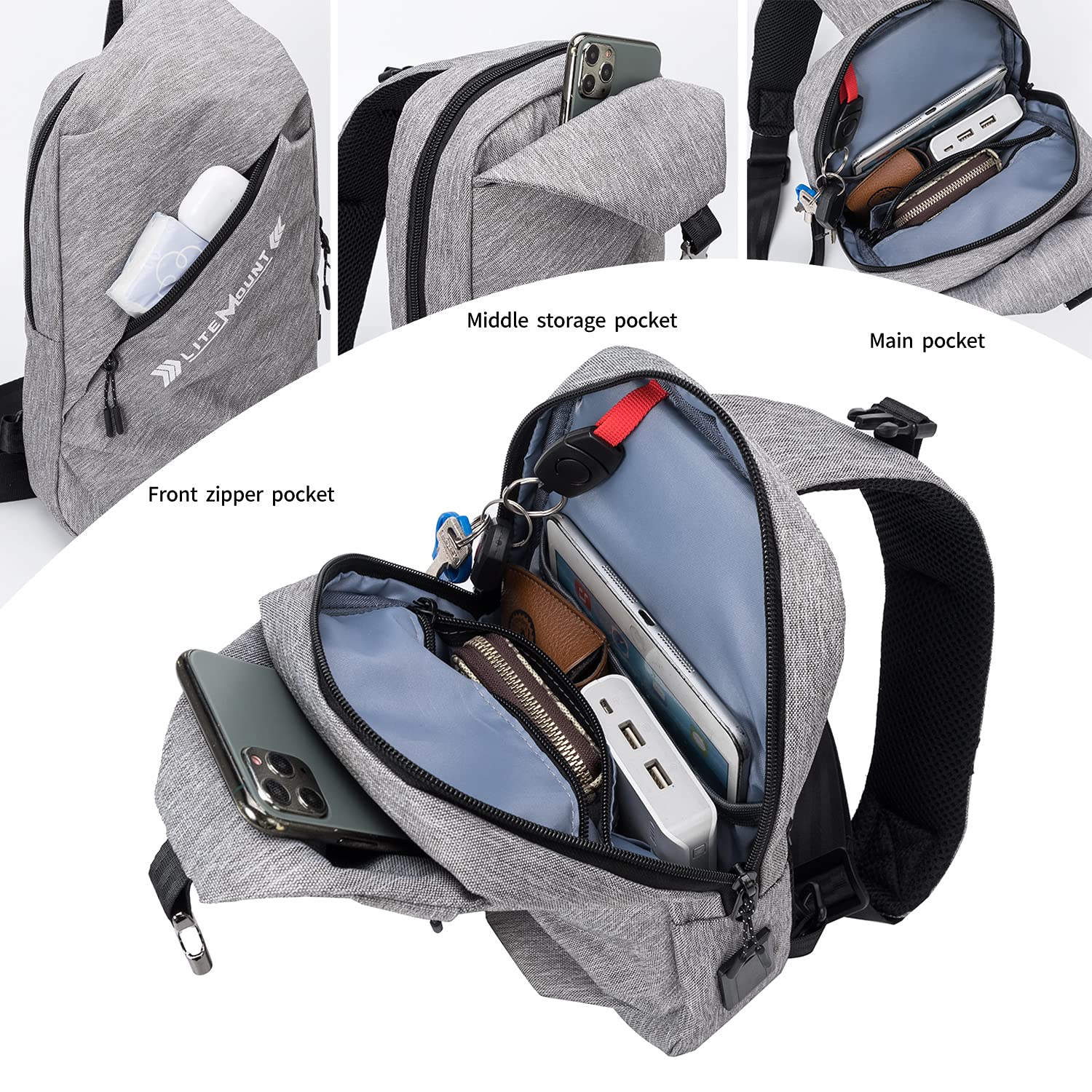 LITEMOUNT Lightweight Outdoor Crossbody Sling Backpack, Shoulder Sling Bag, Chest Backpack with USB Charging & Audio Ports (Grey)