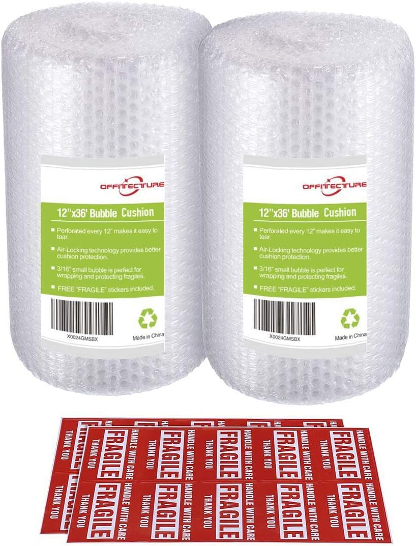 2-Pack Bubble Cushioning Wrap Rolls, 3/16" Air Bubble, 12 Inch x 72 Feet Total, Perforated Every 12", 20 Fragile Stickers Included
