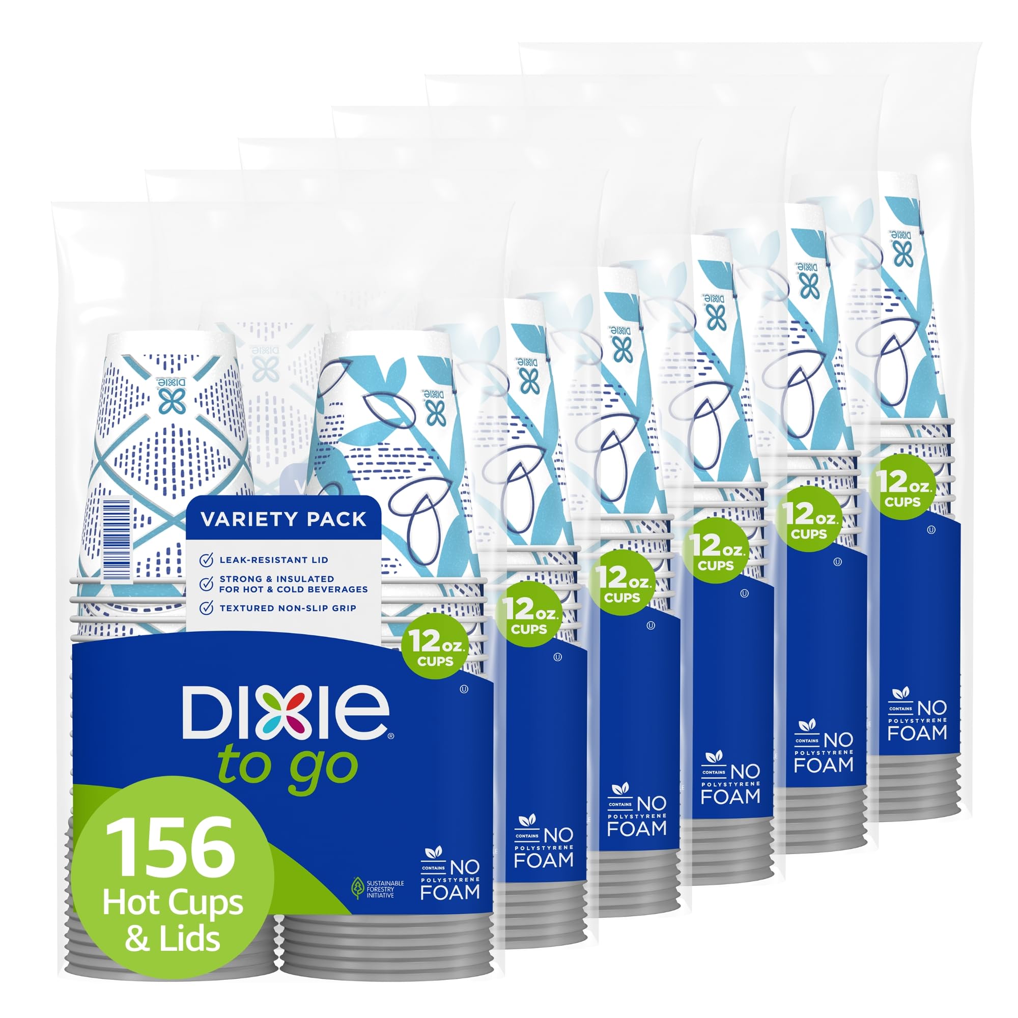 Dixie to Go Disposable Hot Beverage Paper Coffee Cups with Lids, 12 Oz, 156 Count, Assorted Designs