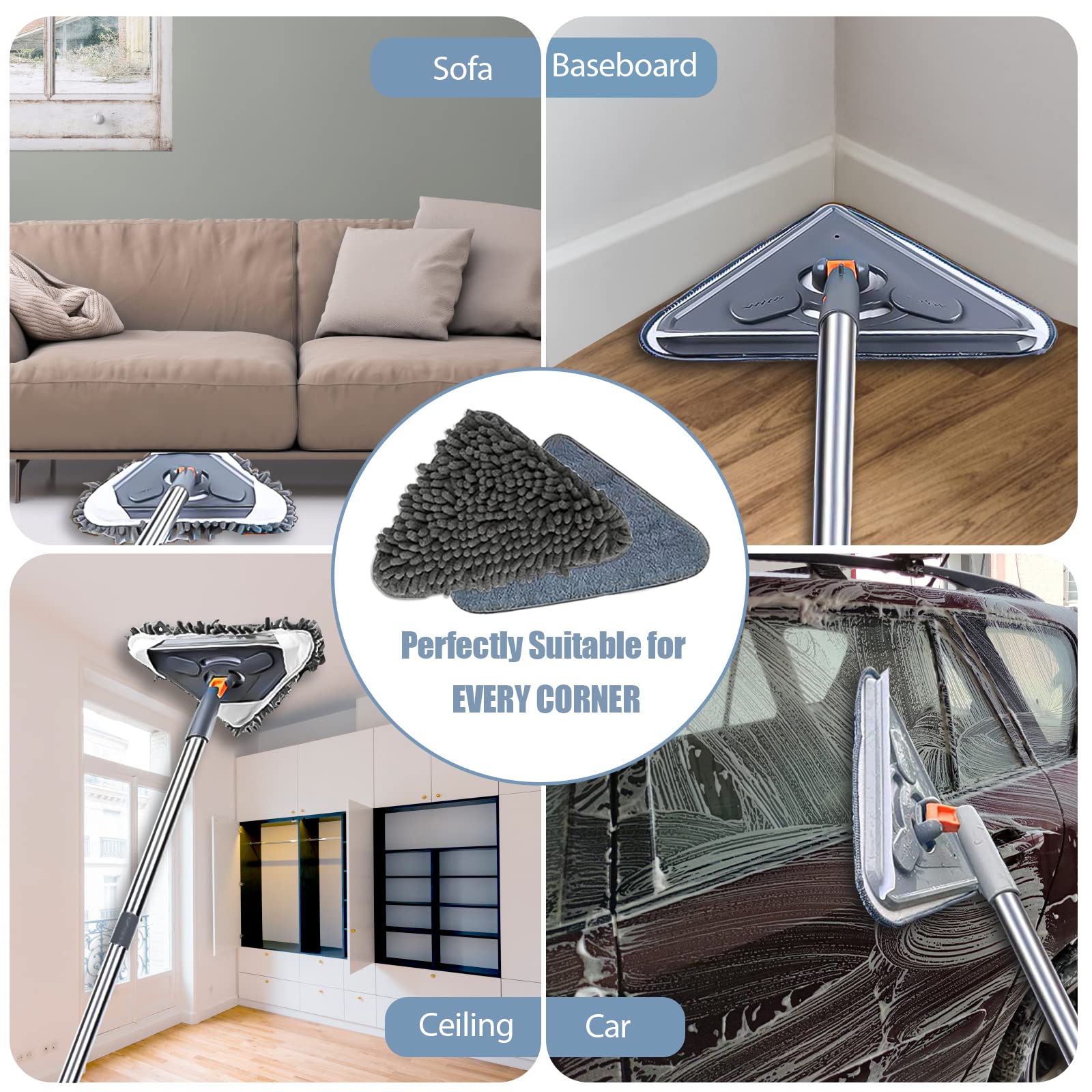 85 Inch Wall Cleaner Mop with Long Handle,Baseboard Cleaner Tool 360° Rotatable with Extension Pole 39" to 85",6 Replacement Microfiber Mop Pads,Wall Mop for Wall Washer Cleaning Ceiling Window Floor
