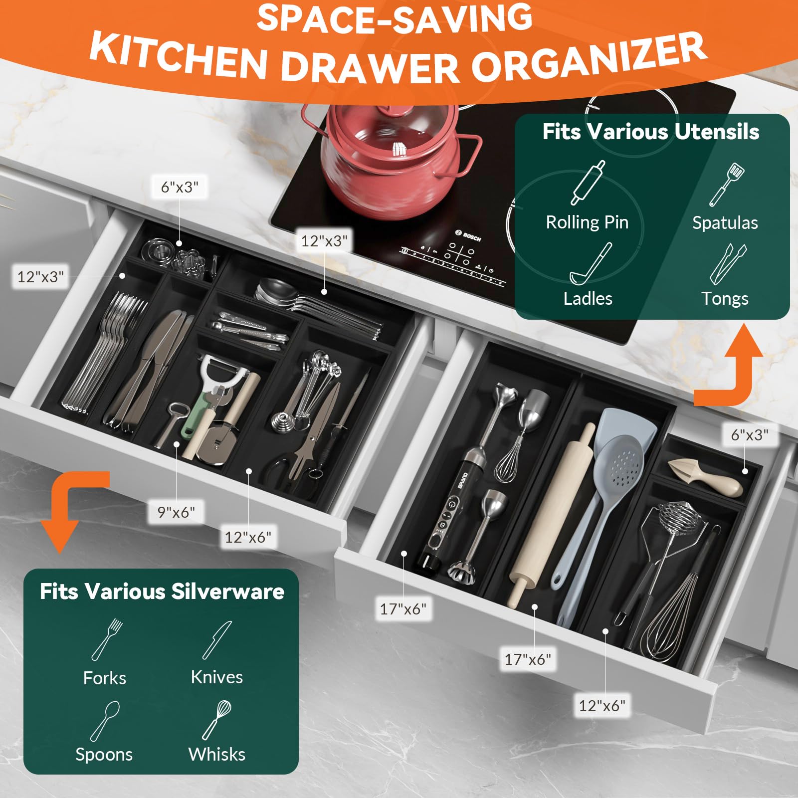 Lixple Bamboo Kitchen Drawer Organizer - Set of 2, Stackable Utensil Organizers, Wooden Storage Box Tray for Cabinet, Pantry, Bathroom Countertop, Multi-use Organization and Storage (Black)