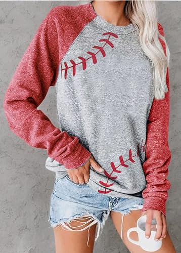 Womens Long Sleeve Shirts Baseball Clothing Creative Long-Sleeved Tops Aesthetic Tshirts Baseball Mom Shirts Red
