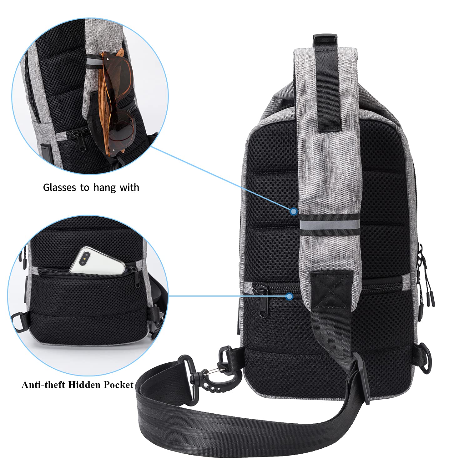 LITEMOUNT Lightweight Outdoor Crossbody Sling Backpack, Shoulder Sling Bag, Chest Backpack with USB Charging & Audio Ports (Grey)