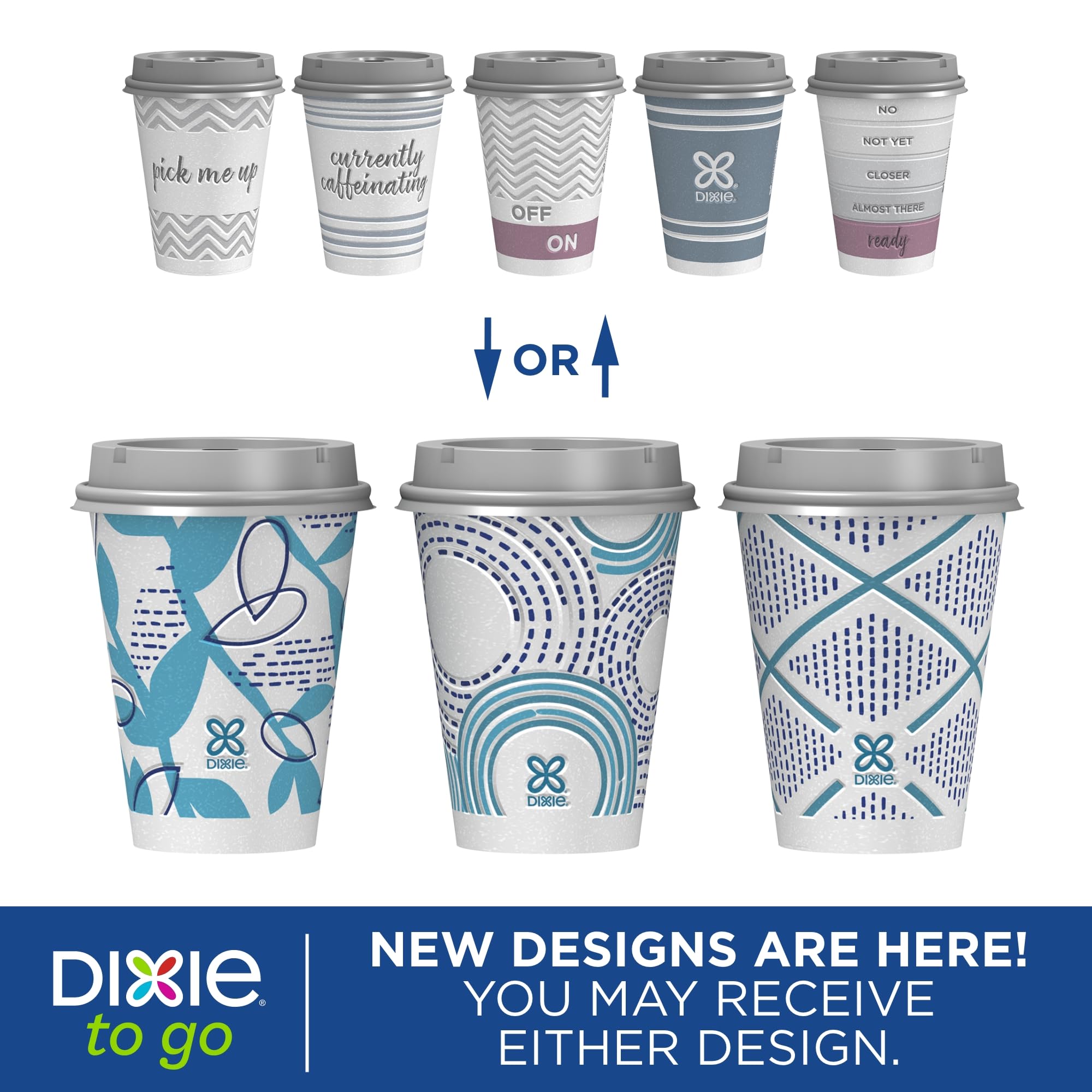 Dixie to Go Disposable Hot Beverage Paper Coffee Cups with Lids, 12 Oz, 156 Count, Assorted Designs
