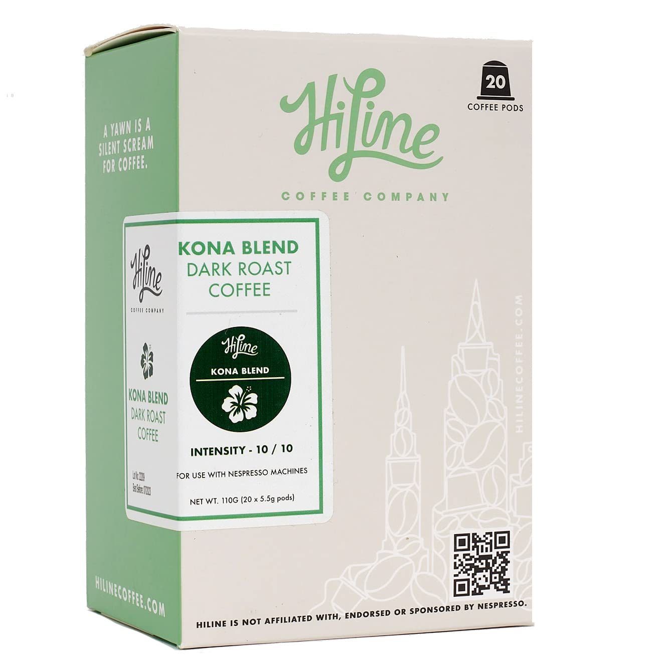 HiLine Coffee Espresso Pods, Hawaiian Kona Coffee, 20 Count (Pack of 1), Single Cup Espresso Capsules, Compatible with Nespresso Original Brewers