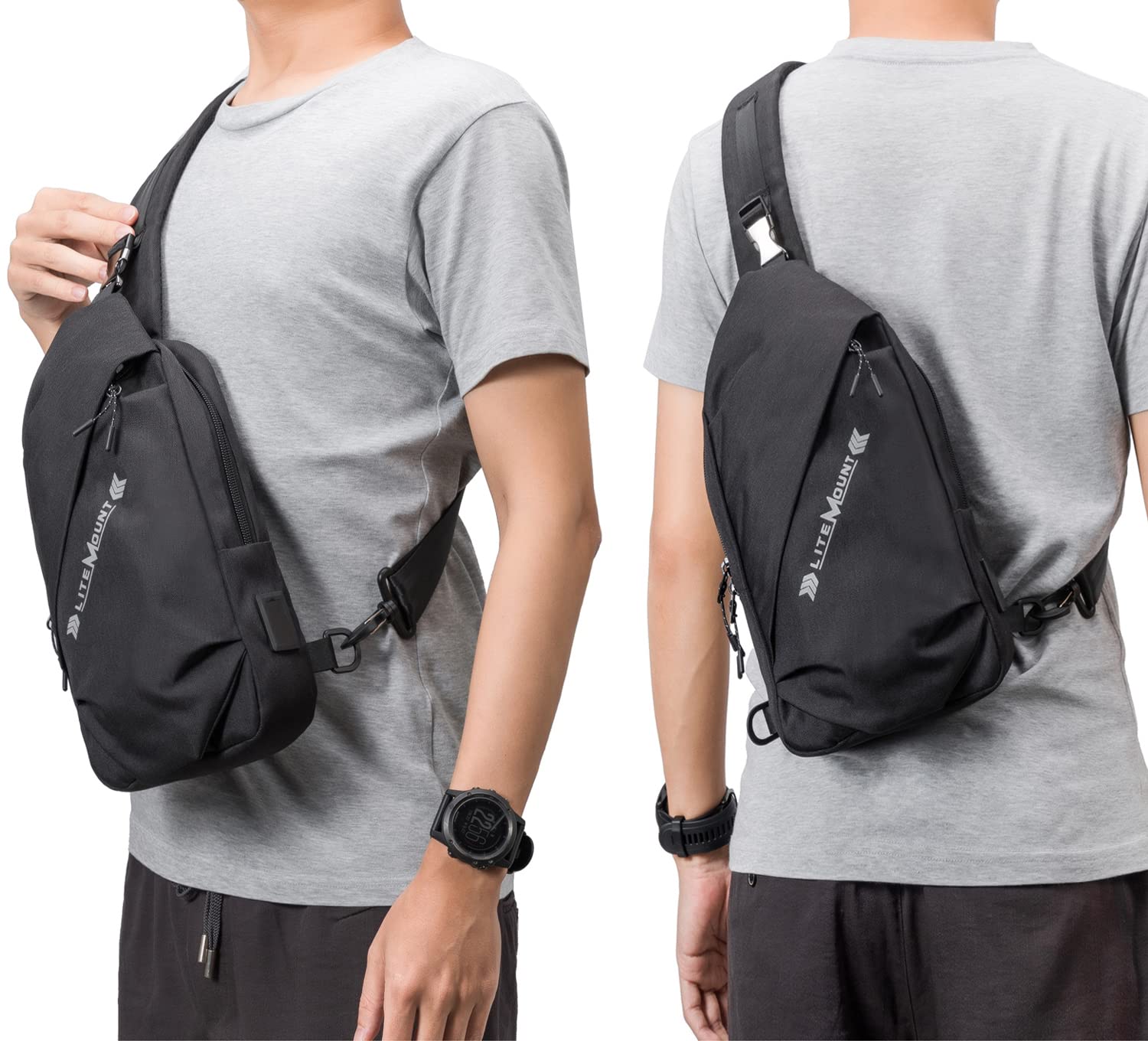 LITEMOUNT Lightweight Outdoor Crossbody Sling Backpack, Shoulder Sling Bag, Chest Backpack with USB Charging & Audio Ports (Grey)