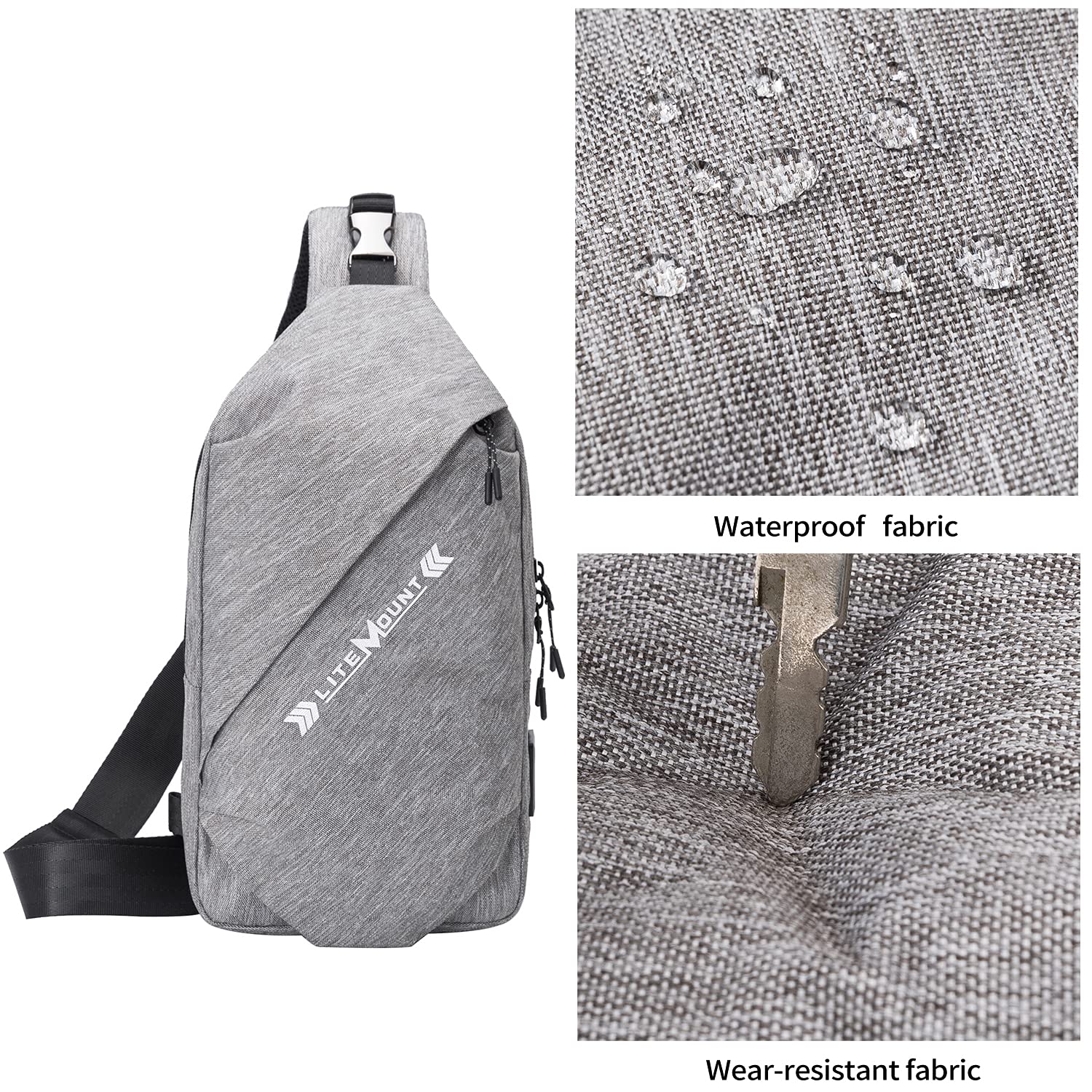 LITEMOUNT Lightweight Outdoor Crossbody Sling Backpack, Shoulder Sling Bag, Chest Backpack with USB Charging & Audio Ports (Grey)