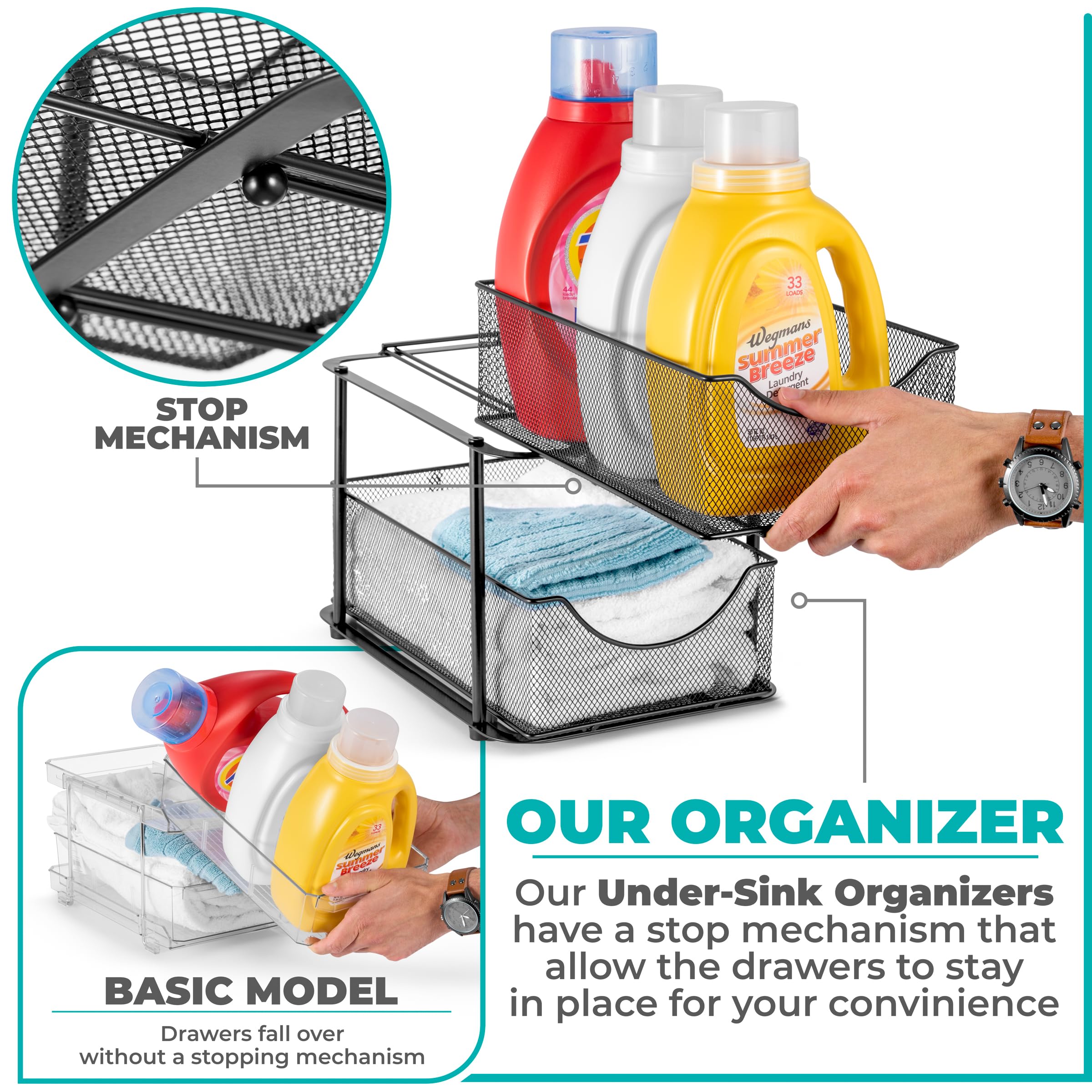 Sorbus 2 Tier Under the Sink Organizer Baskets with Mesh Sliding Drawers —Ideal for Cabinet, Countertop, Pantry, and Desktop, for Bathroom, Kitchen, Office, etc.—Made of Steel (Black)