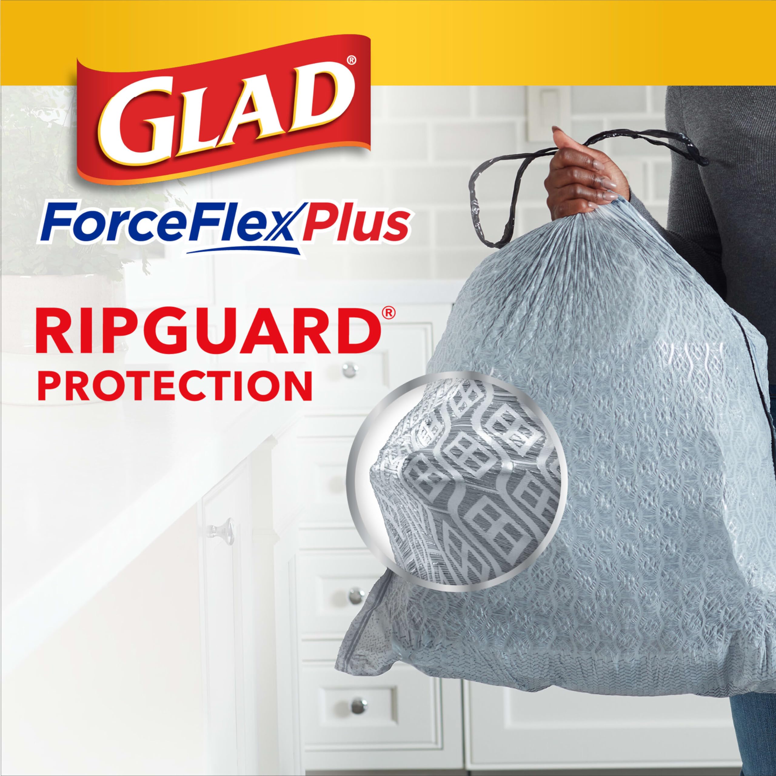 Glad ForceFlexPlus Tall Kitchen Drawstring Trash Bags - 13 Gallon Grey Trash Bag, Fresh Clean with Febreze Freshness 68 Count