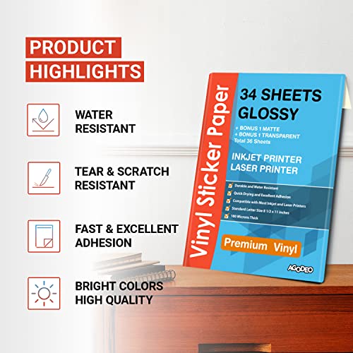 Premium Printable Vinyl Sticker Paper for Inkjet & Laser Printer - 34 Sheets Self-Adhesive Sheets Glossy White Waterproof, Dries Quickly Vivid Colors, Holds Ink well- Tear Resistant (Glossy)