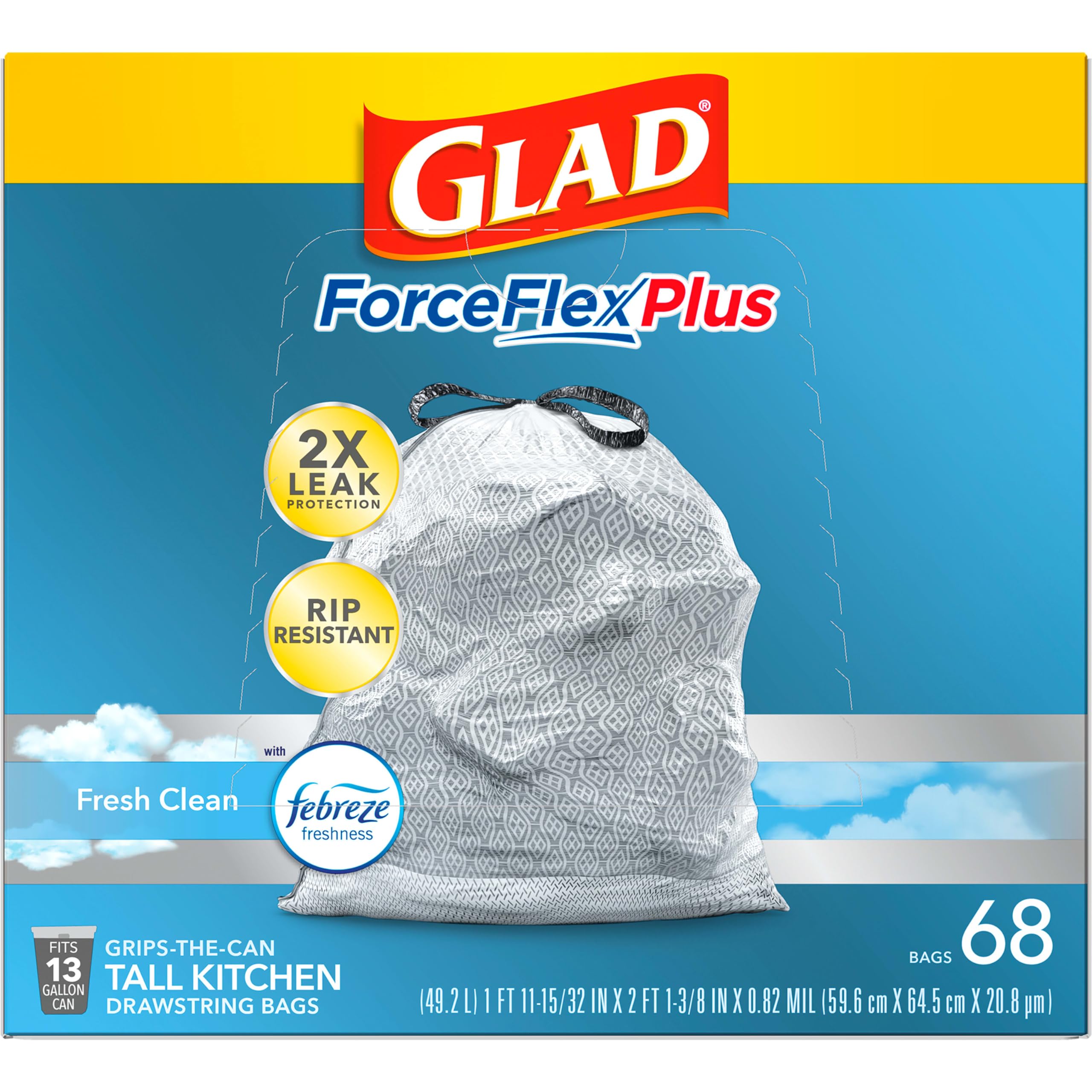 Glad ForceFlexPlus Tall Kitchen Drawstring Trash Bags - 13 Gallon Grey Trash Bag, Fresh Clean with Febreze Freshness 68 Count