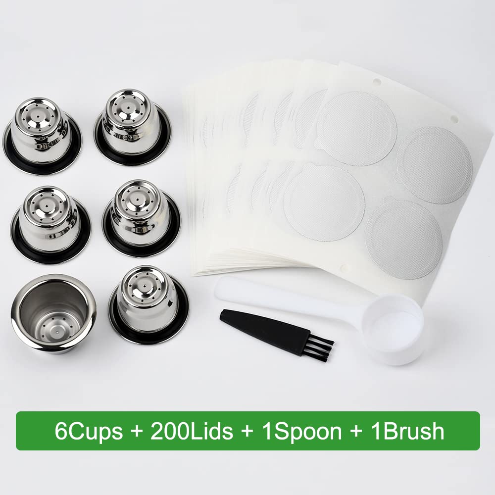 Reusable Capsules for Nespresso OriginalLine, 6pcs Refillable Espresso Pods Stainless Steel Coffee Pods Compatible for Nespresso Original Line Machines (6 Cups + 200 Lids)