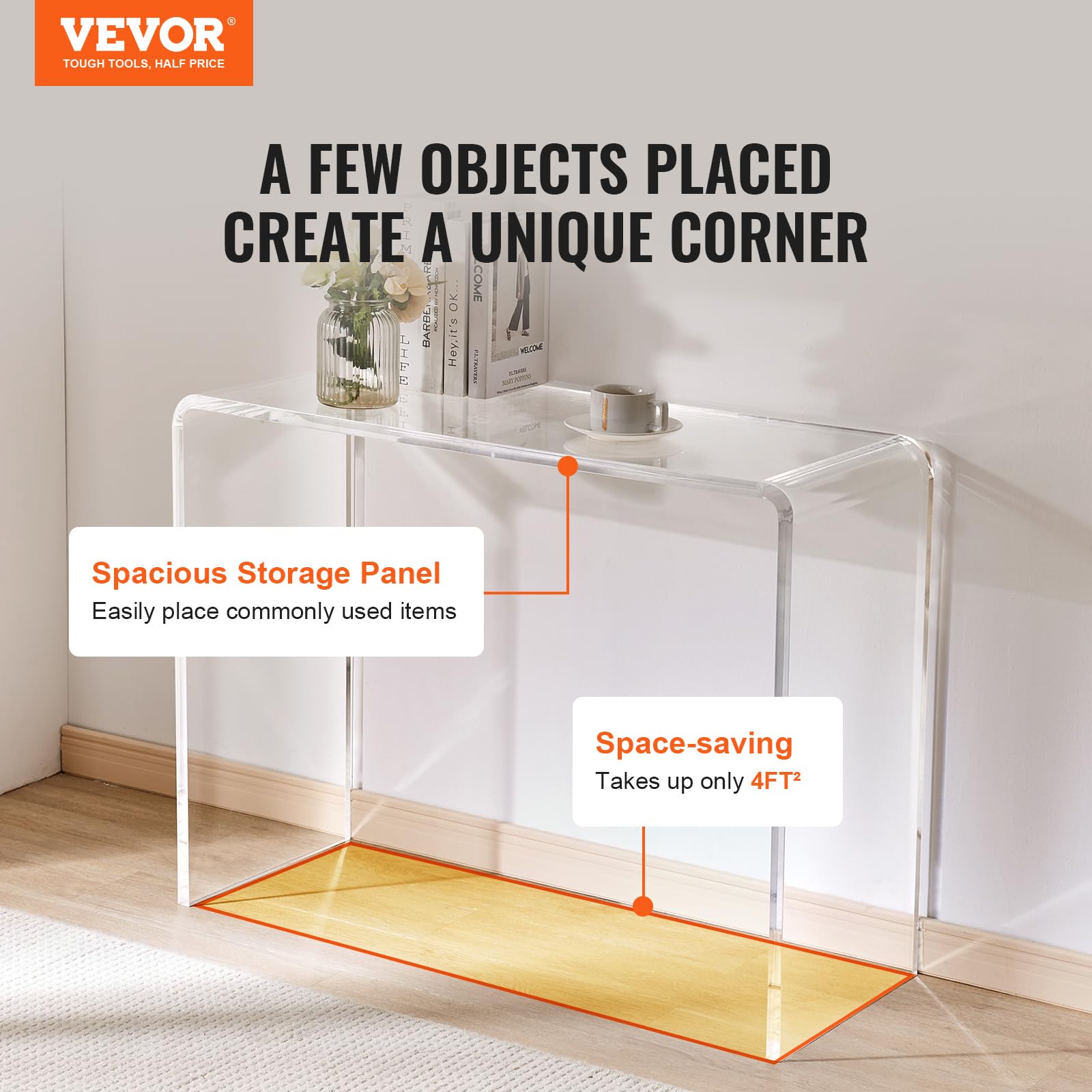 VEVOR Acrylic Console Table, Clear Acrylic End Table, Transparent Acrylic Side Table 38.2x15x29.3 inch, for Foyer, Living Room, Dining Room