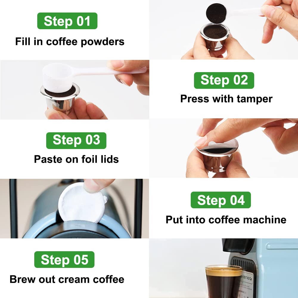 Reusable Capsules for Nespresso OriginalLine, 6pcs Refillable Espresso Pods Stainless Steel Coffee Pods Compatible for Nespresso Original Line Machines (6 Cups + 200 Lids)