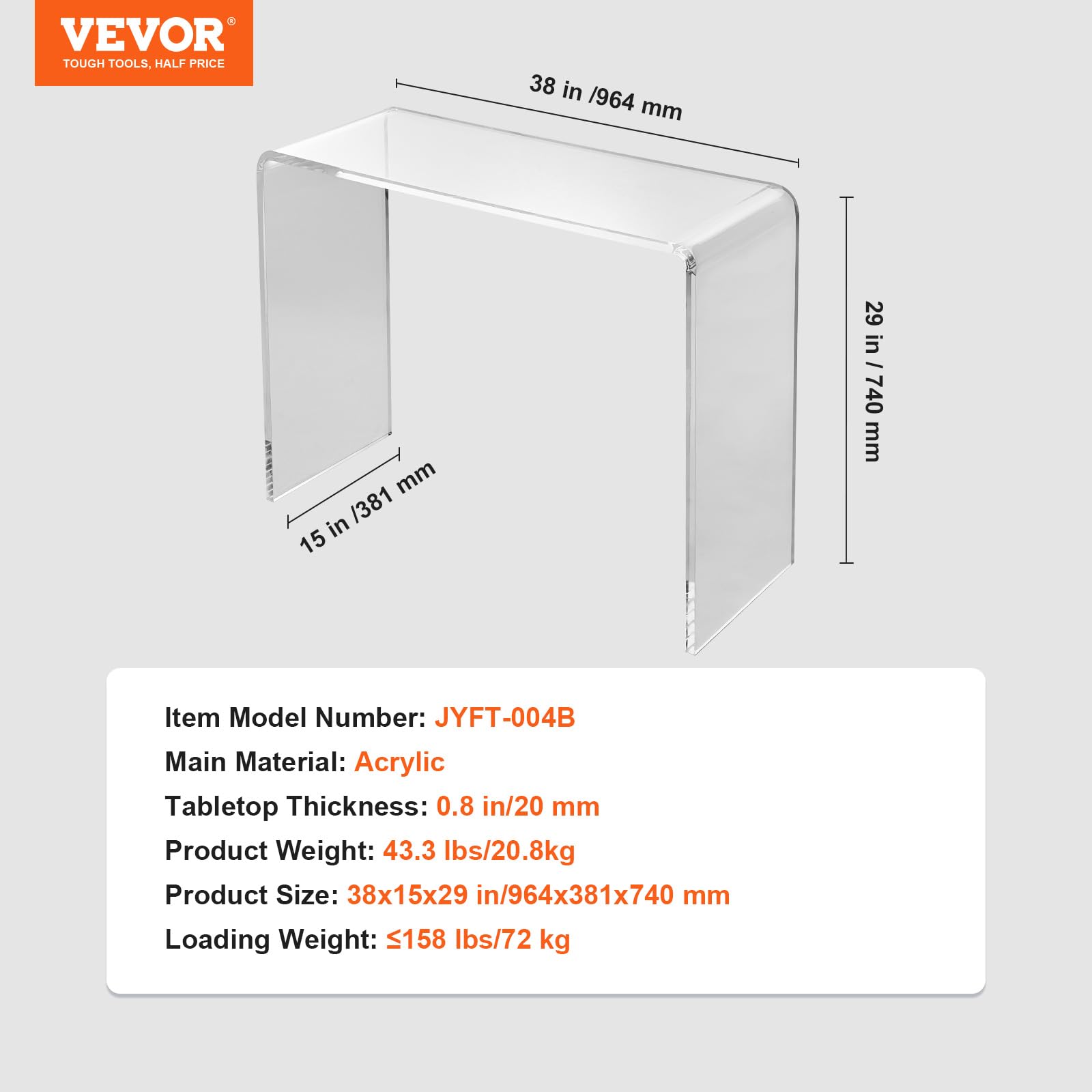VEVOR Acrylic Console Table, Clear Acrylic End Table, Transparent Acrylic Side Table 38.2x15x29.3 inch, for Foyer, Living Room, Dining Room