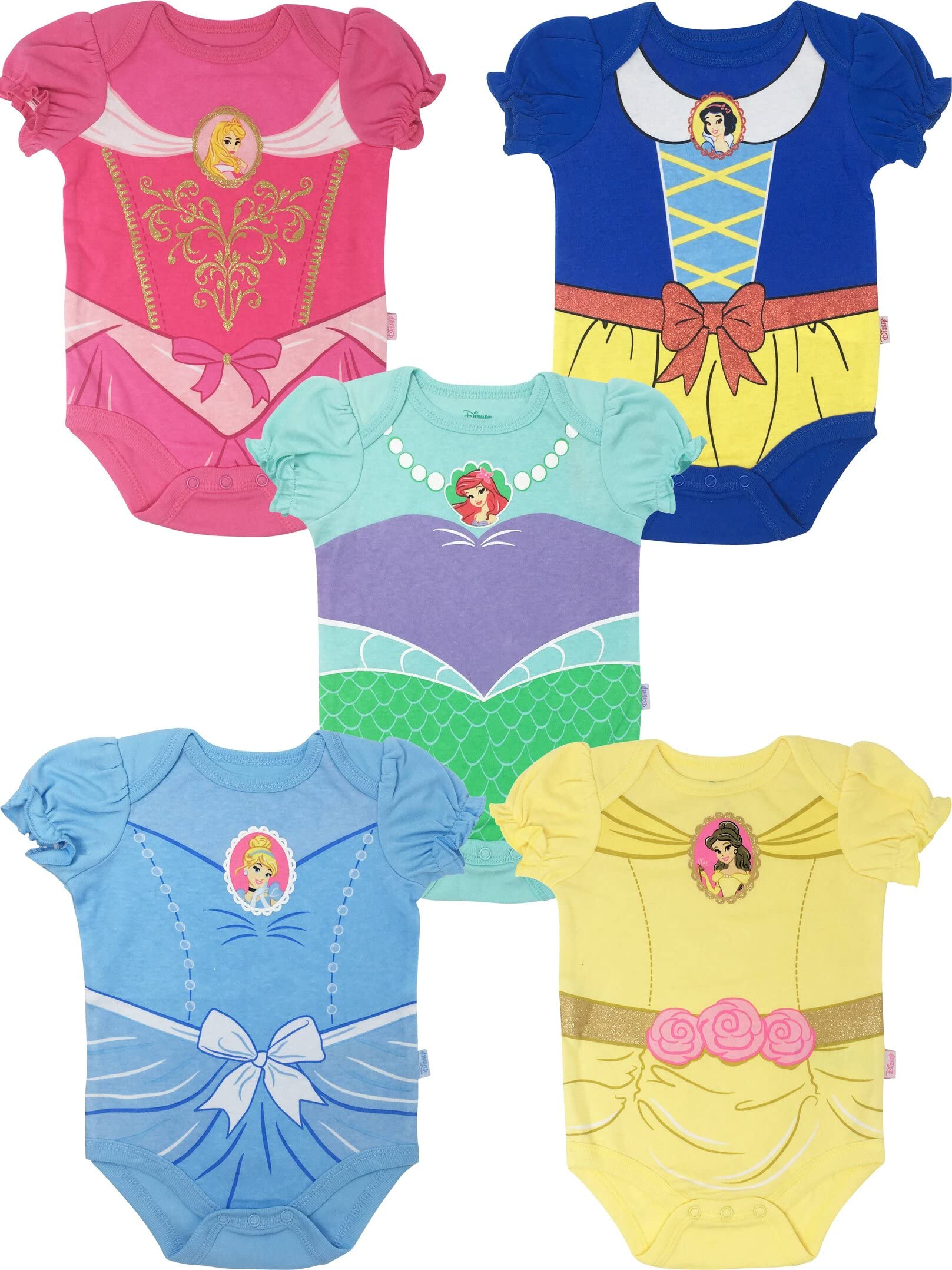 Disney Princess Snow White Belle Aurora Newborn Baby Girls 5 Pack Bodysuits Aurora, Snow White, Ariel, Cinderella, Belle 0-3 Months