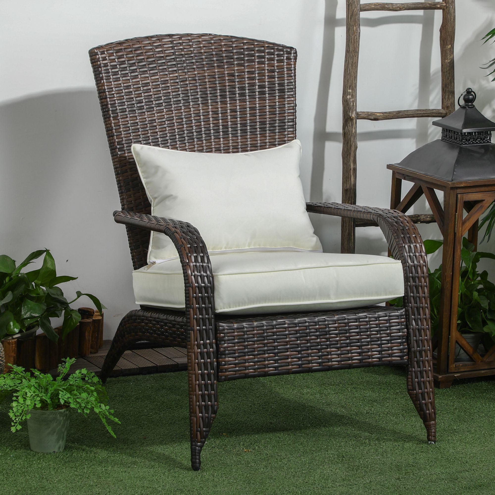 Outsunny Patio Wicker Adirondack Chair, Outdoor All-Weather Rattan Fire Pit Chair w/Soft Cushions, Tall Curved Backrest and Comfortable Armrests for Deck or Garden, Cream White