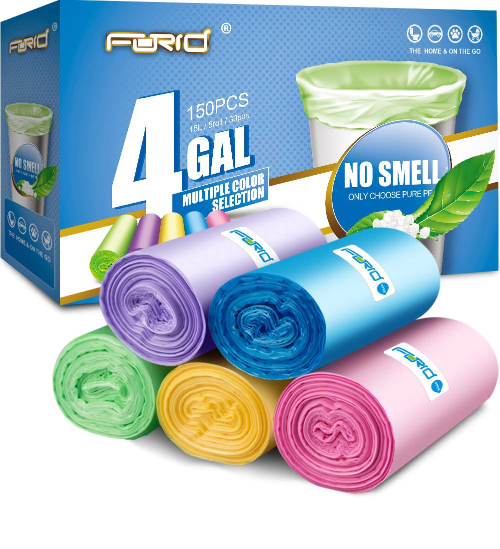 FORID Small Trash Bags 4 Gallon for Bathroom - Extra Thick Colored Garbage Bags Unscented,Strong Plastic Wastebasket Can Liners for Home Bedroom Office and Car,150 Count 5 Color