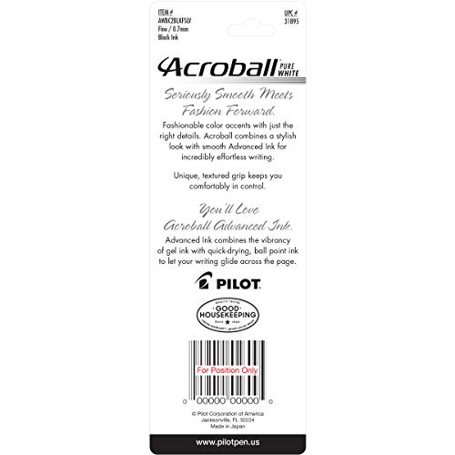 Pilot Acroball PureWhite Retractable Advanced Ink Ball Point Pens; Fine Point, Black Ink, Silver Accents 2-Pack (31895) Ultra-Smooth Writing, Smear-Resistant Advanced Ink for Skip-Free Lines