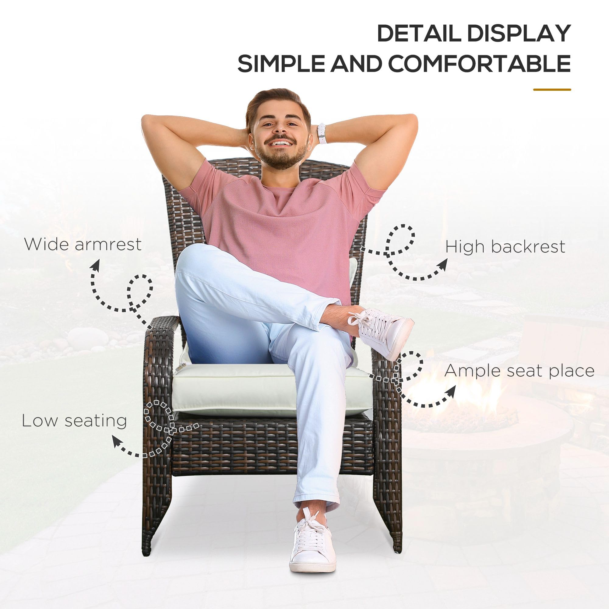 Outsunny Patio Wicker Adirondack Chair, Outdoor All-Weather Rattan Fire Pit Chair w/Soft Cushions, Tall Curved Backrest and Comfortable Armrests for Deck or Garden, Cream White